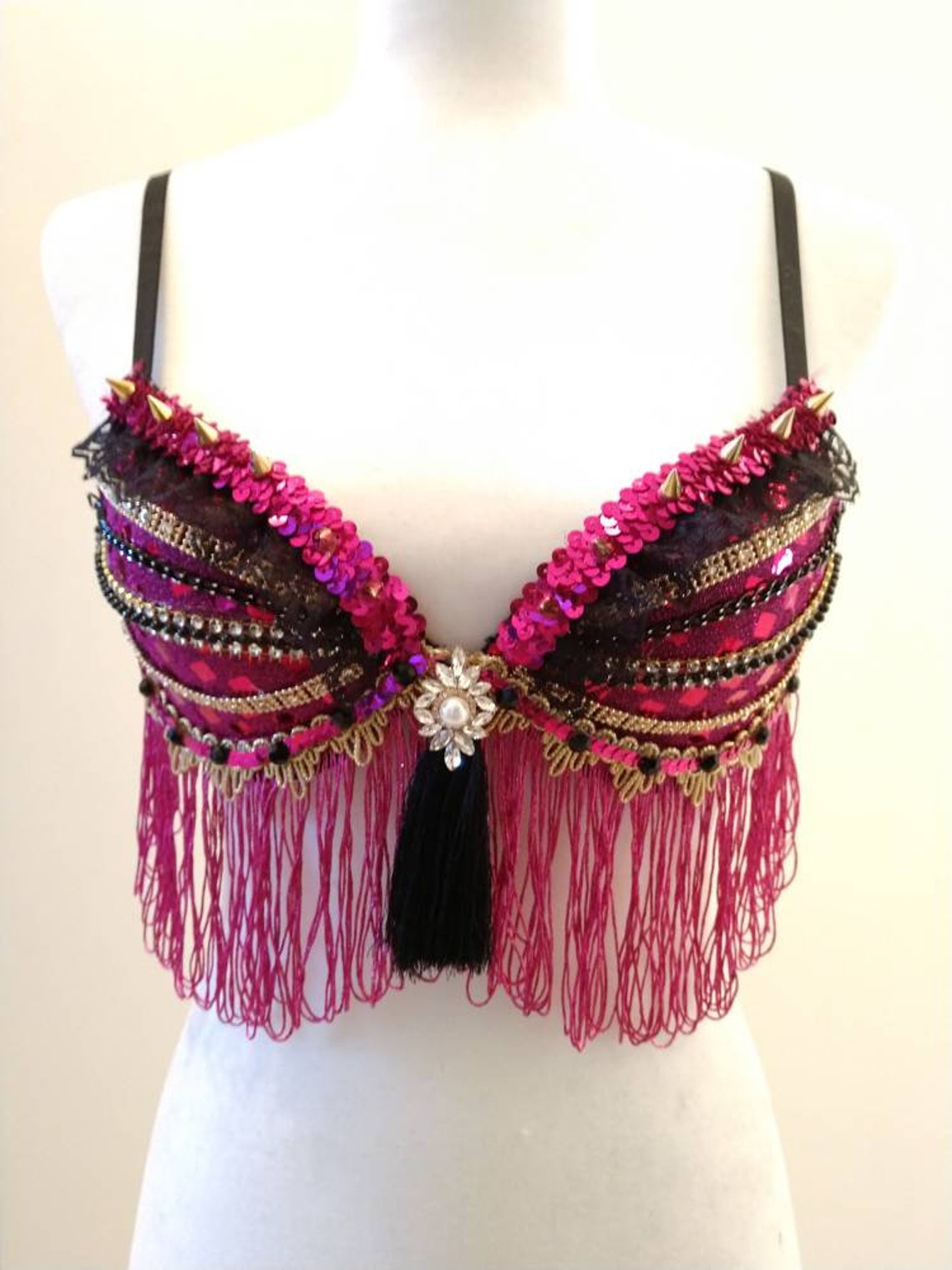 Pink, Black, and Gold Fringed Bra - Etsy