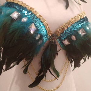A Turquoise and Gold Feathered Rave Bra and Choker - Etsy