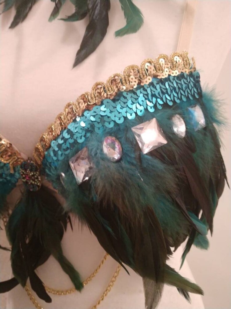 A Turquoise and Gold Feathered Rave Bra and Choker - Etsy