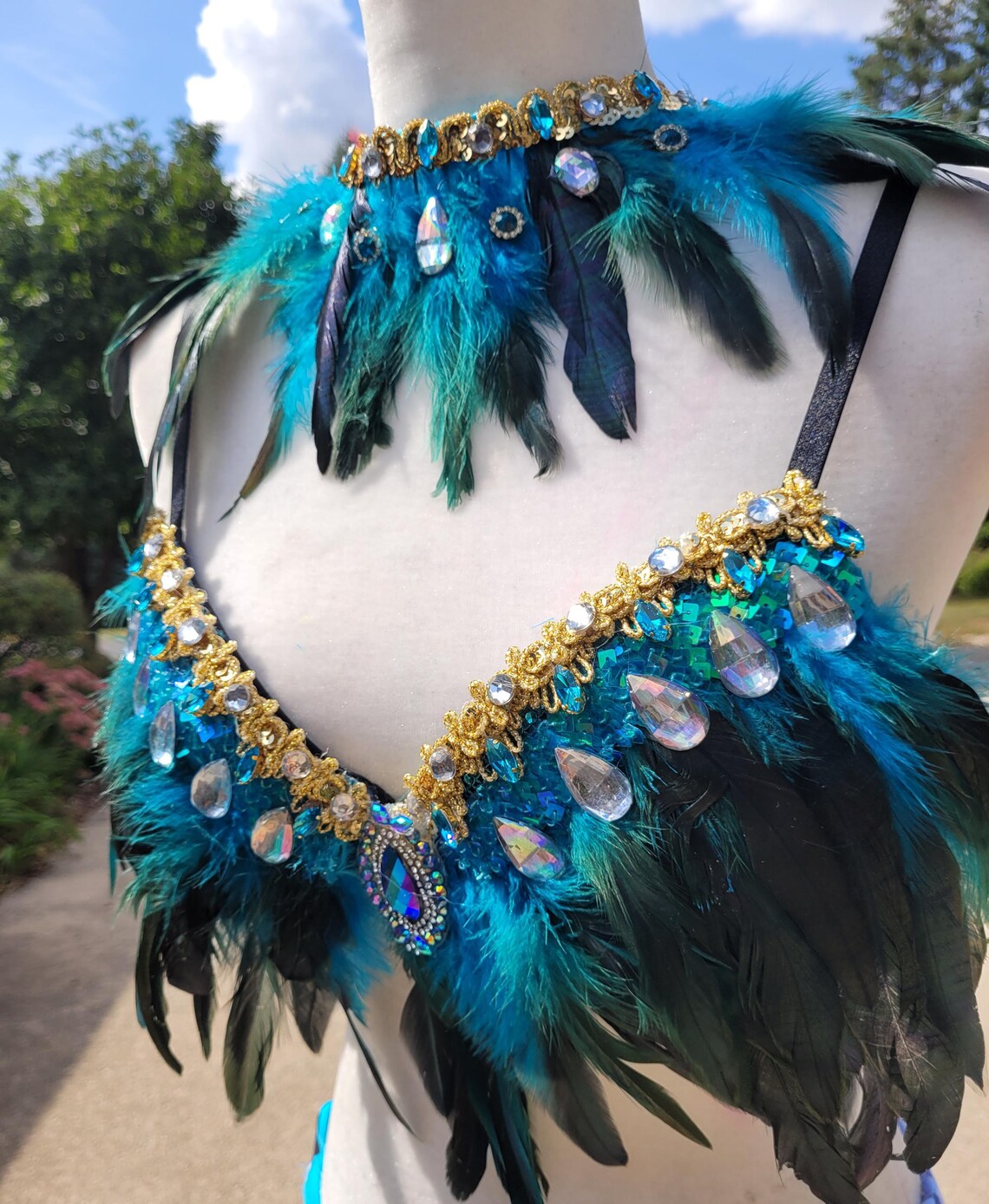 A Turquoise and Gold Feathered Rave Bra and Choker, Rhinestone ...