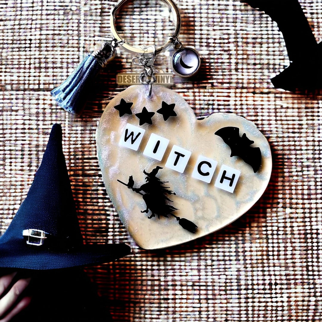 Witch Keychain. Witch on Broom Fall Keychain. Halloween Heart Keychain ...