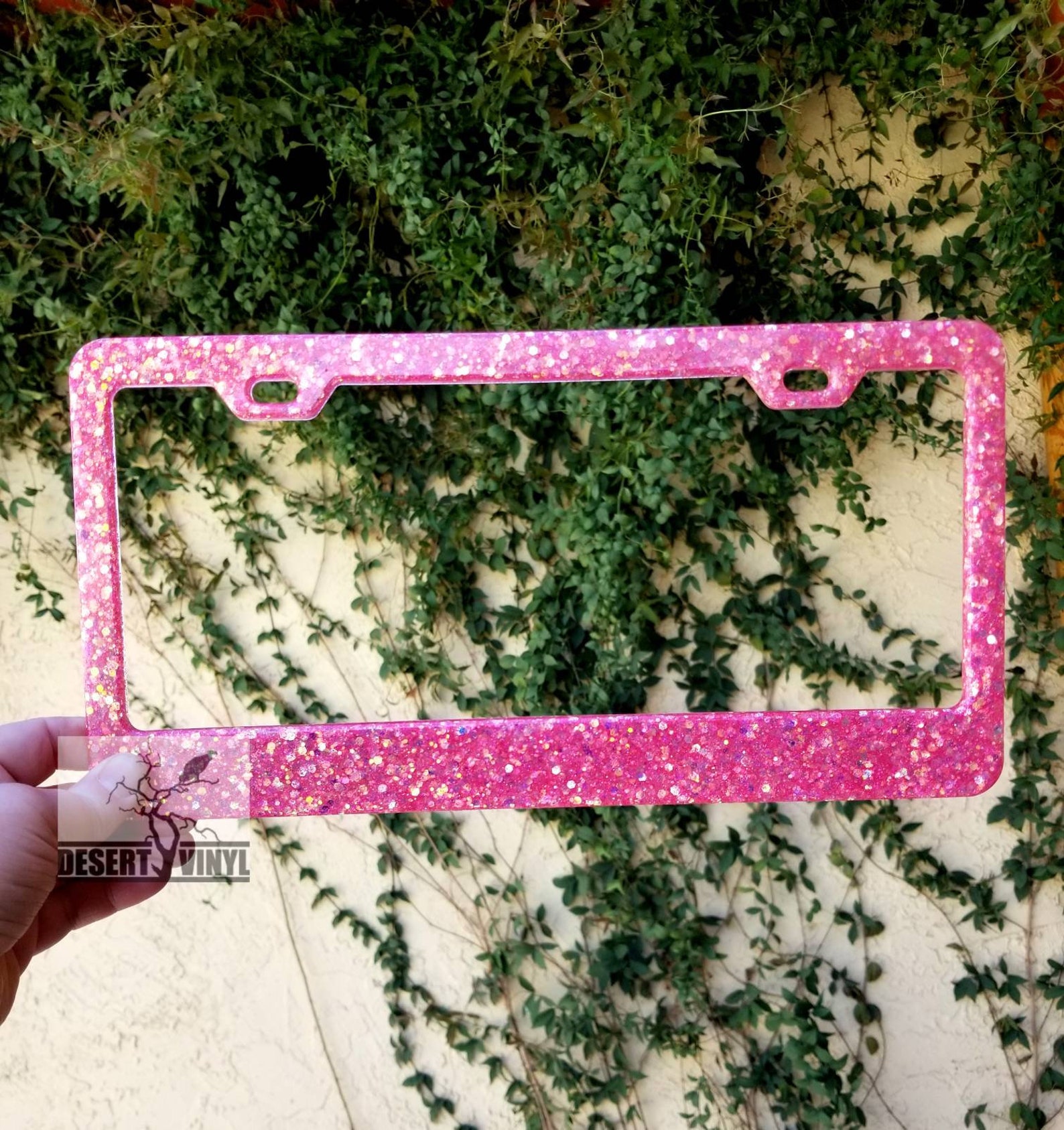 Bright pink glittered license plate frame Custom license | Etsy