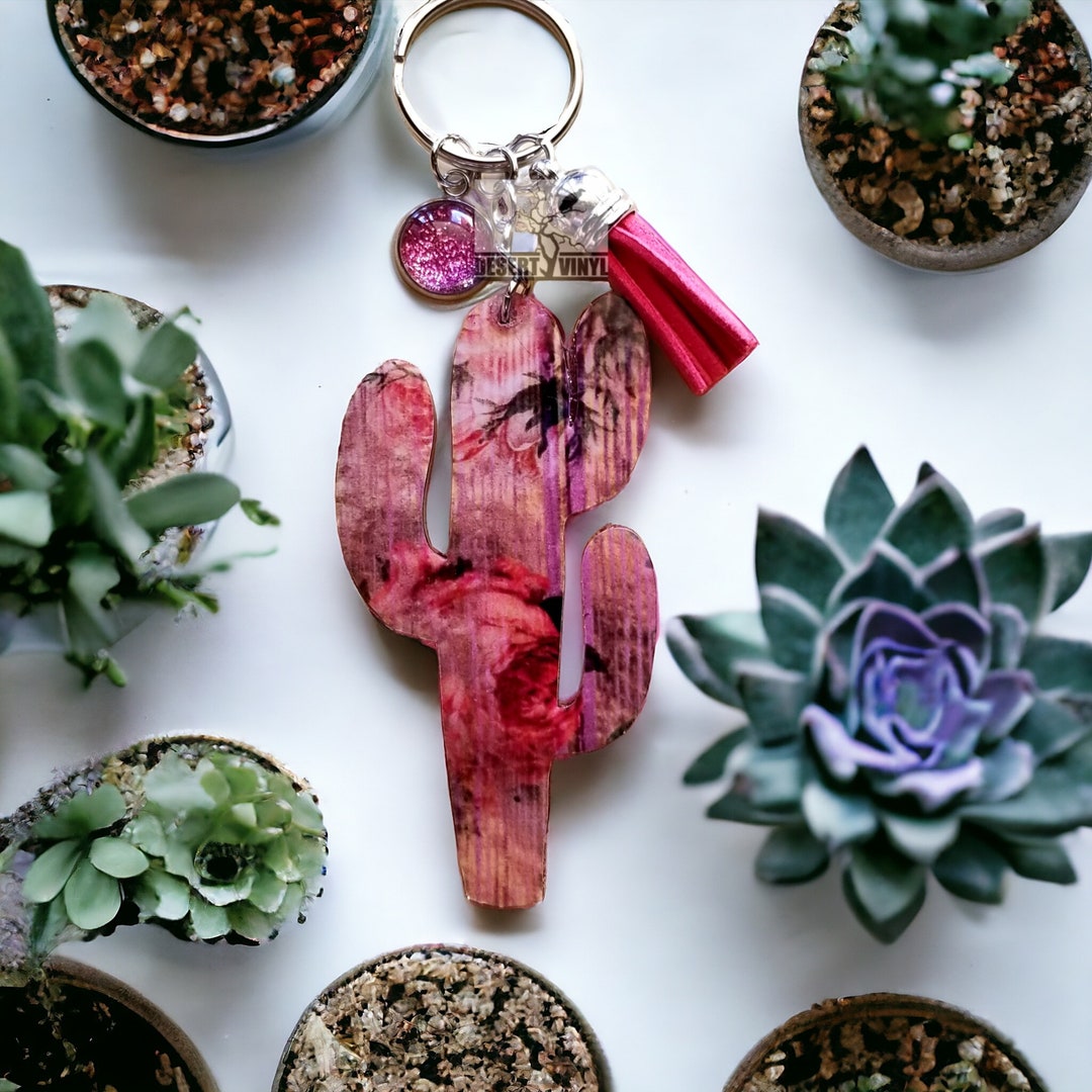 Floral Saguaro Cactus Wooden Keychain - Variegated Plant Lover Gift ...