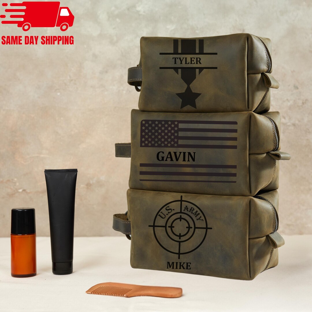 Military Gift, Personalized Leather Dopp Kit, Engraved Toiletry Bag ...