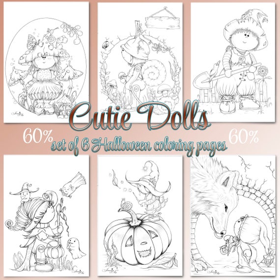 Set N7 of 6 Halloween Cute Coloring Pages Cutie Dolls | Etsy