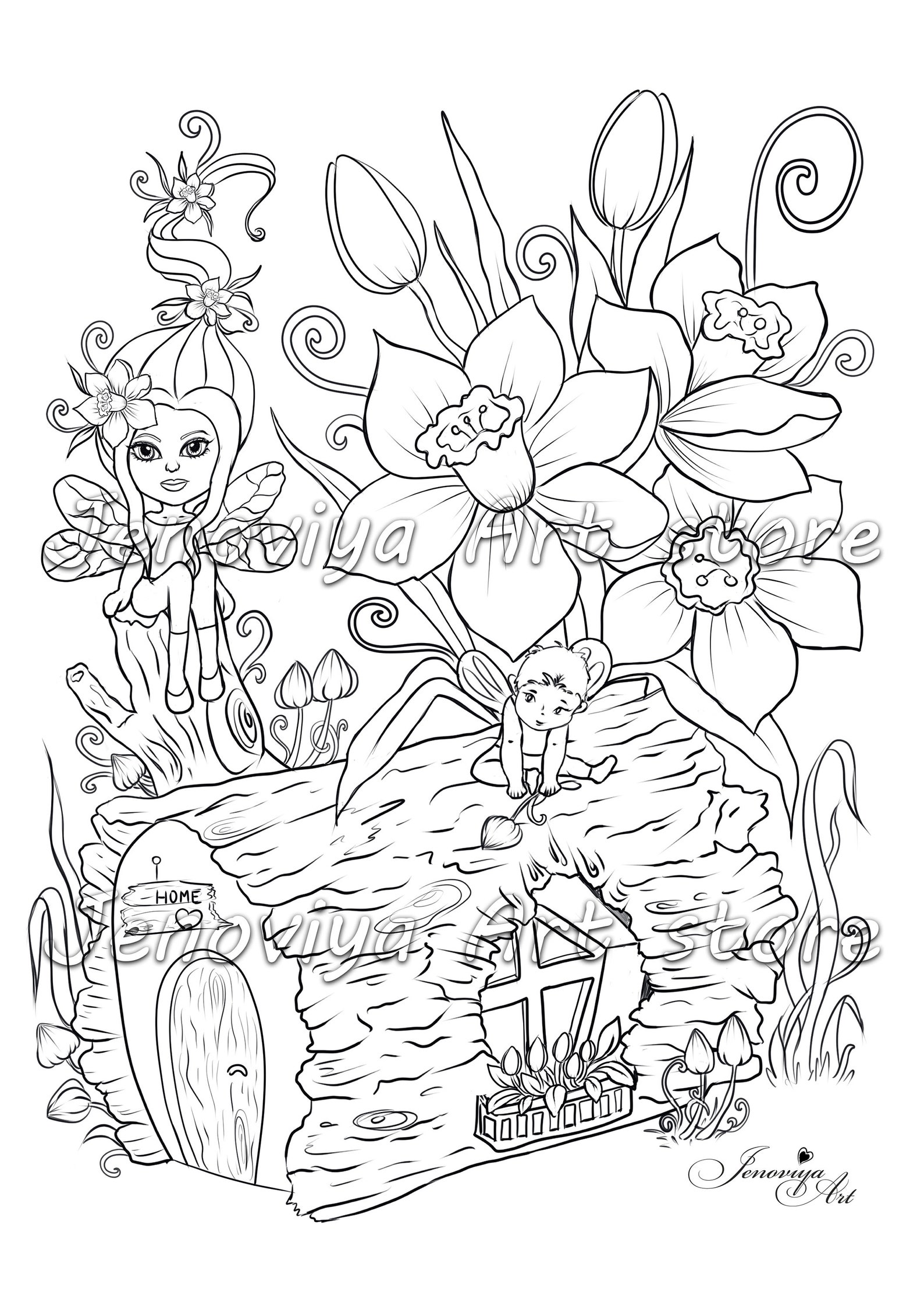 Spring fairies colouring page Printable coloring sheet adult | Etsy