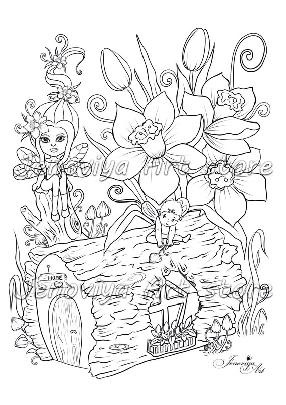 Spring Fairies Colouring Page Printable Coloring Sheet Adult | Etsy