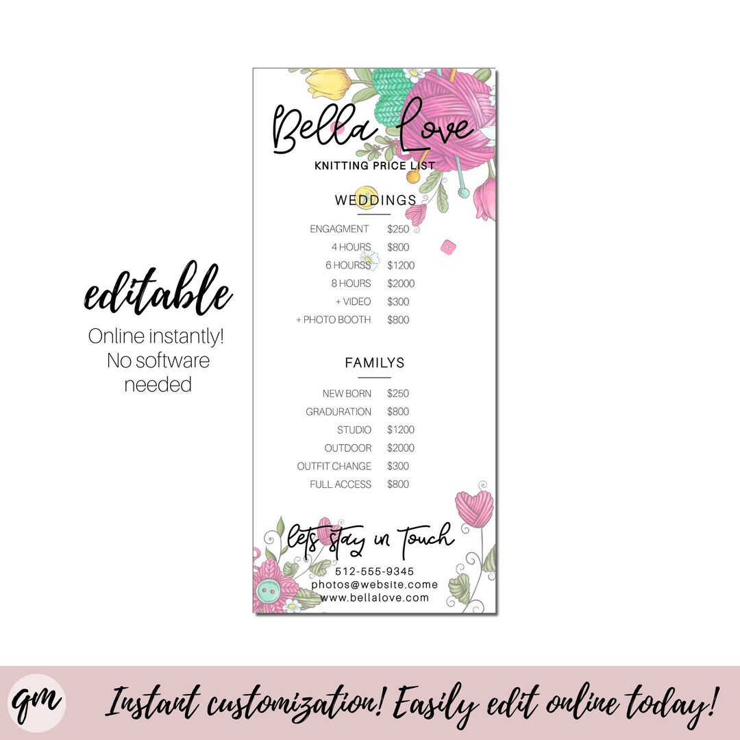 Editable Price List Printable Custom Knitting Price List Crochet Price ...