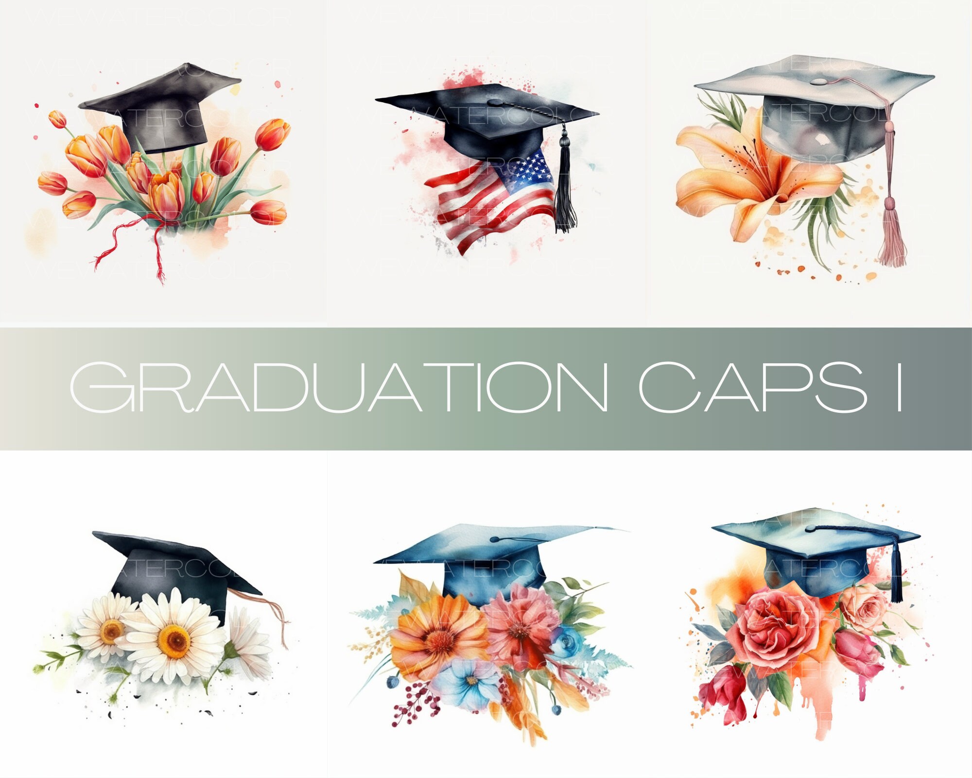 Graduation Caps I - Watercolor Style - Clip Art - Digital Art Download ...