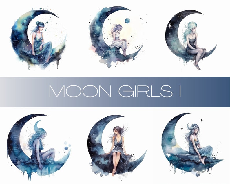 Moon Girls I - Watercolor Style - Clip Art - Digital Art Download - 300 ...