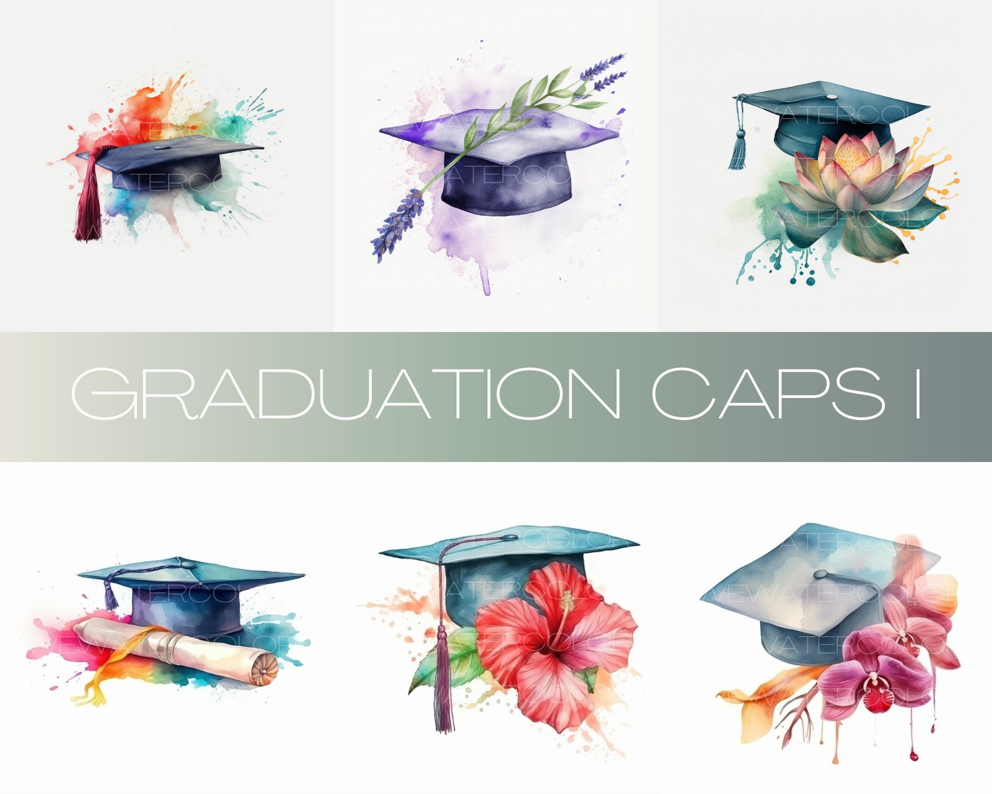 Graduation Caps I - Watercolor Style - Clip Art - Digital Art Download ...
