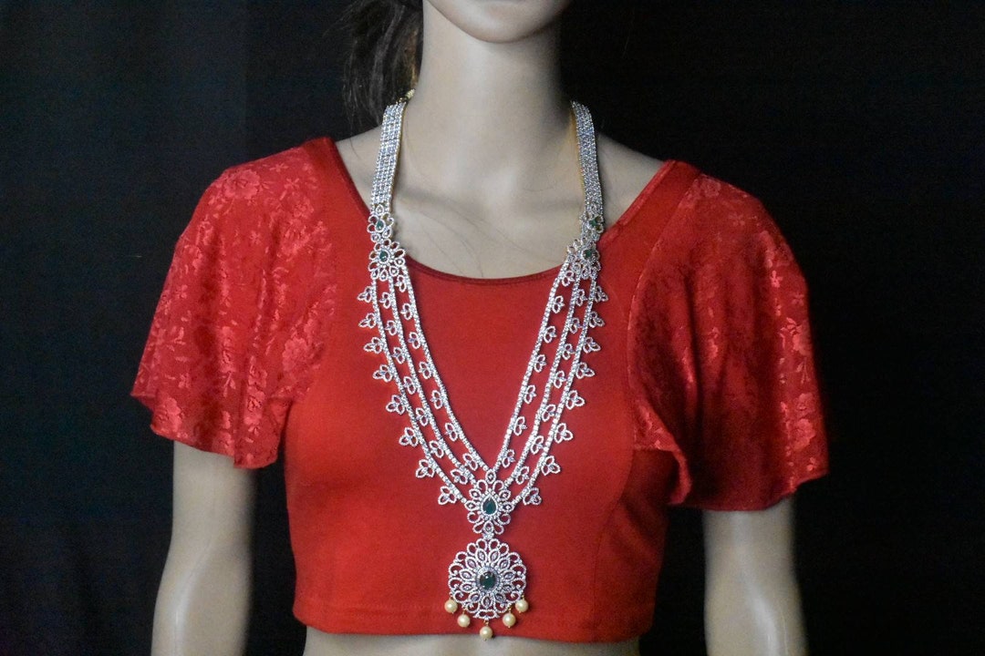 American Diamond Long Haar Necklace With Earrings - Indian Grand Look ...