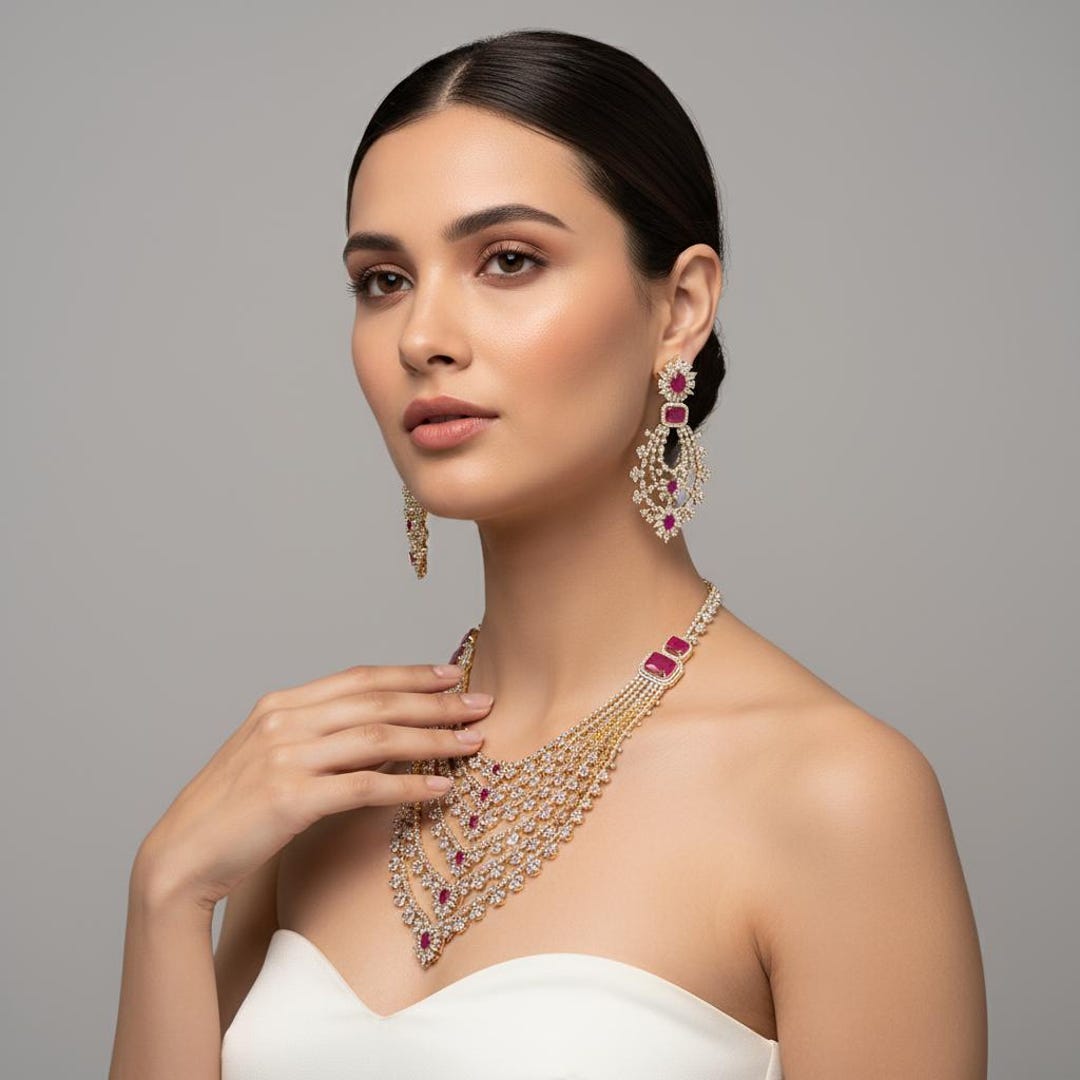 Bridal American Diamond Satlada Necklace Set - Designer Wedding ...