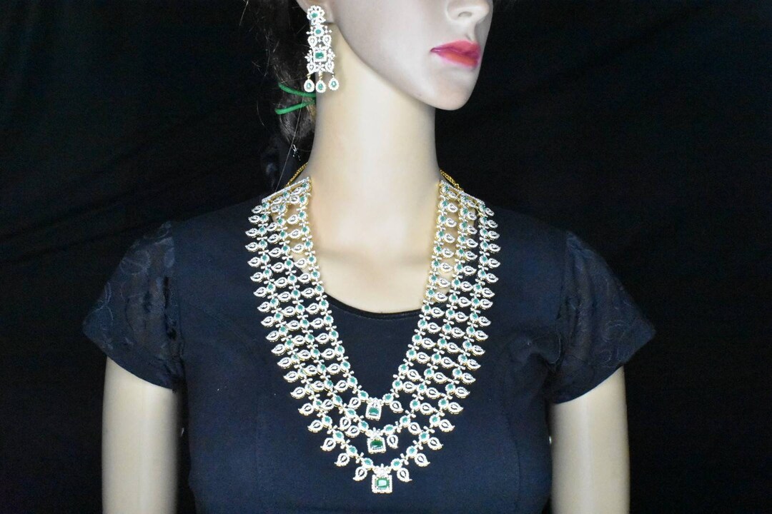American Diamond Three-layer Mango Haram Necklace: Indian Jewelry Set ...