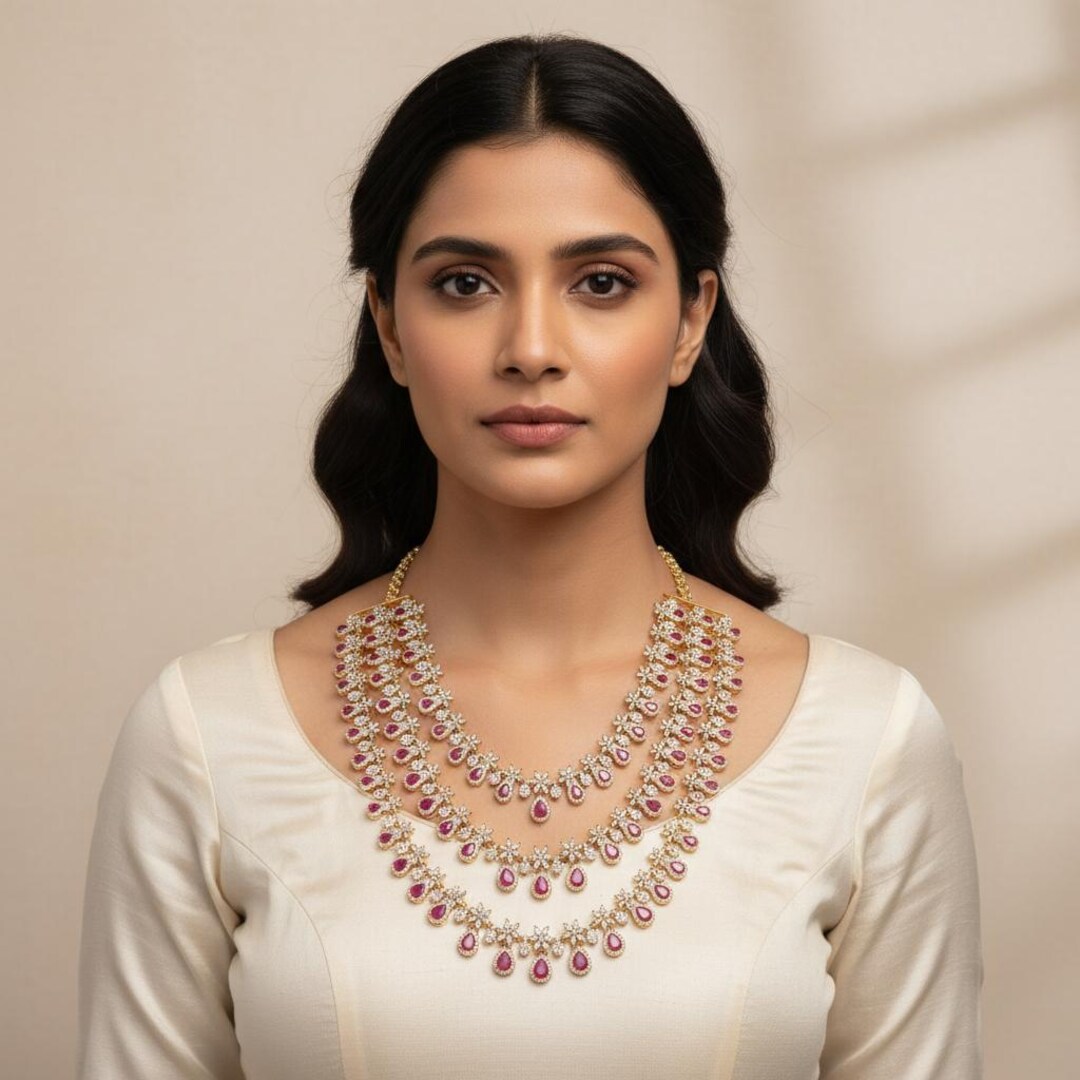 Triple Layer American Diamond Ruby Necklace Set - 24K Gold Bridal Haram ...