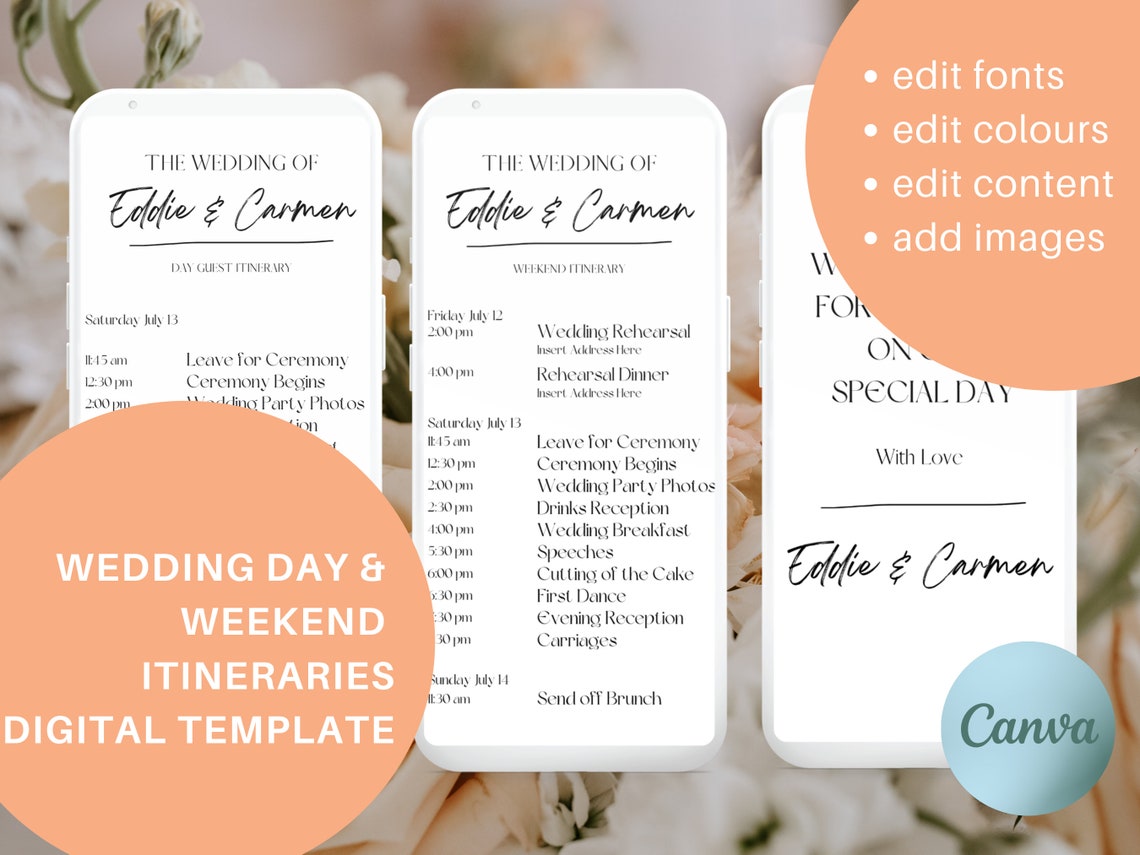Wedding Timeline Template for Canva Wedding Itinerary Template Editable ...