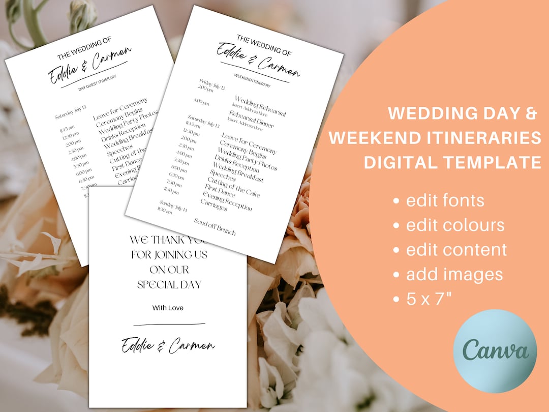 Wedding Timeline Template for Canva | Wedding Itinerary Template ...