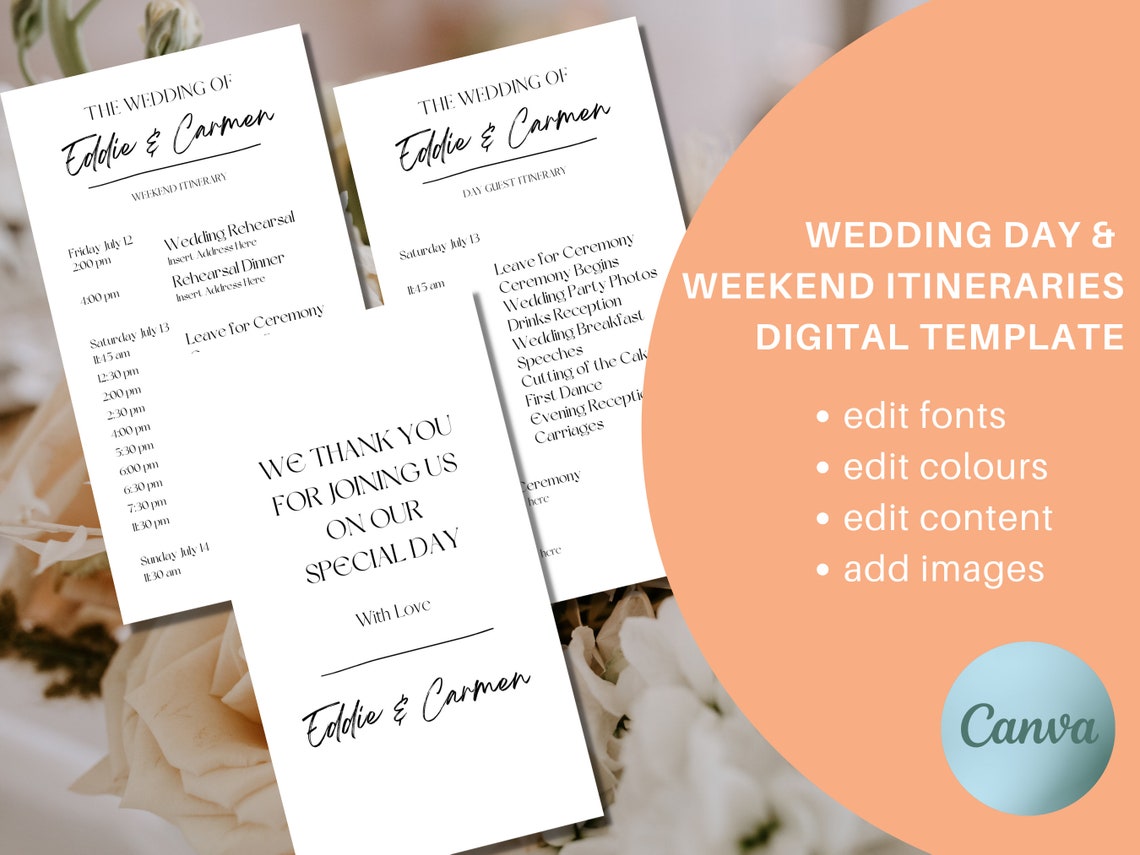 Wedding Timeline Template for Canva Wedding Itinerary Template Editable ...
