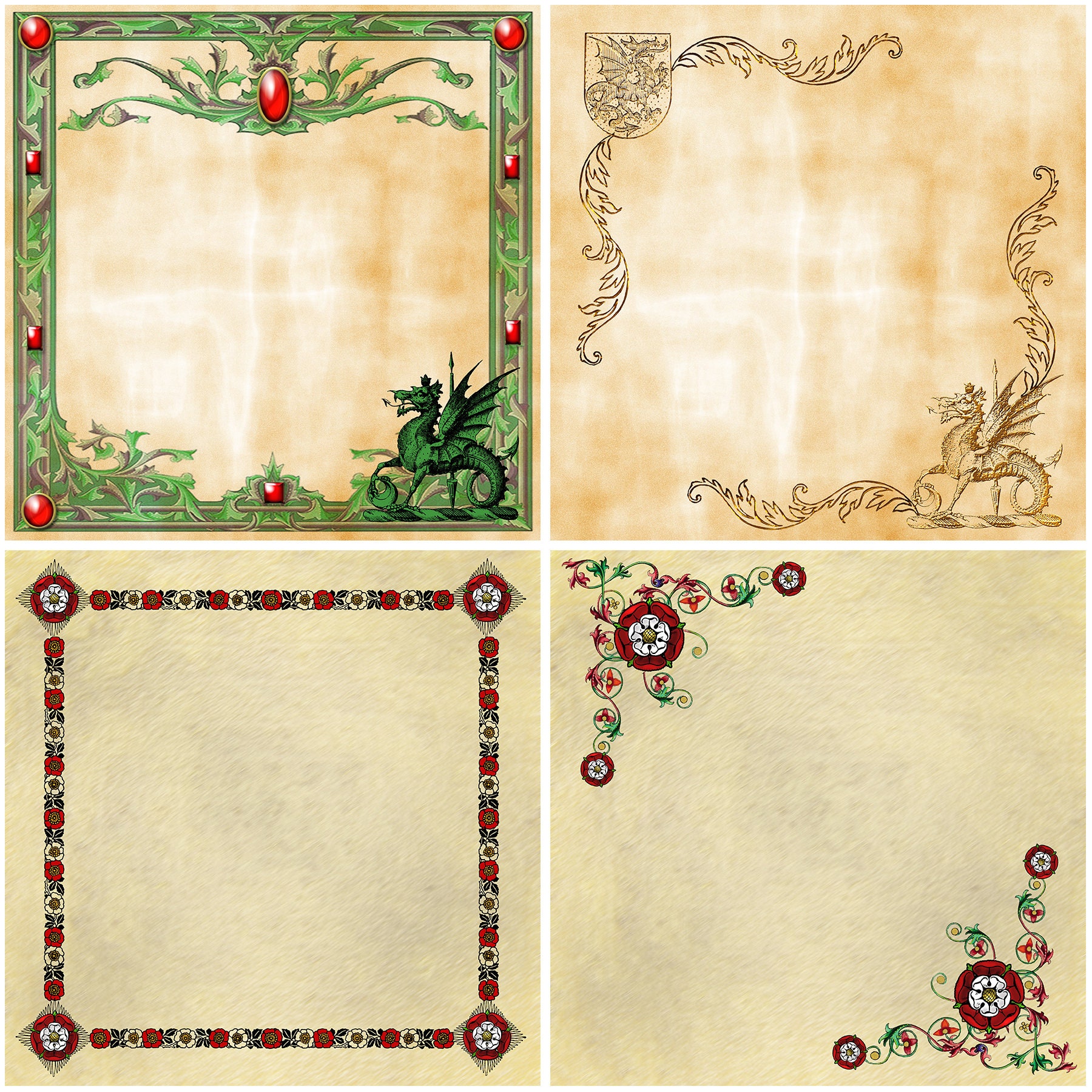 Illuminated Manuscript Paper: Medieval Tudor Rose & Dragon Borders ...