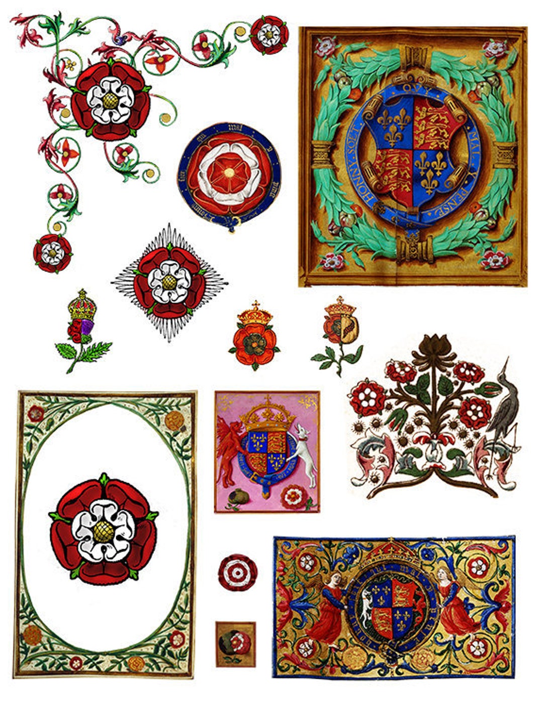 Tudor Rose Digital Collage Sheet, Heraldic Clipart, Illuminated ...