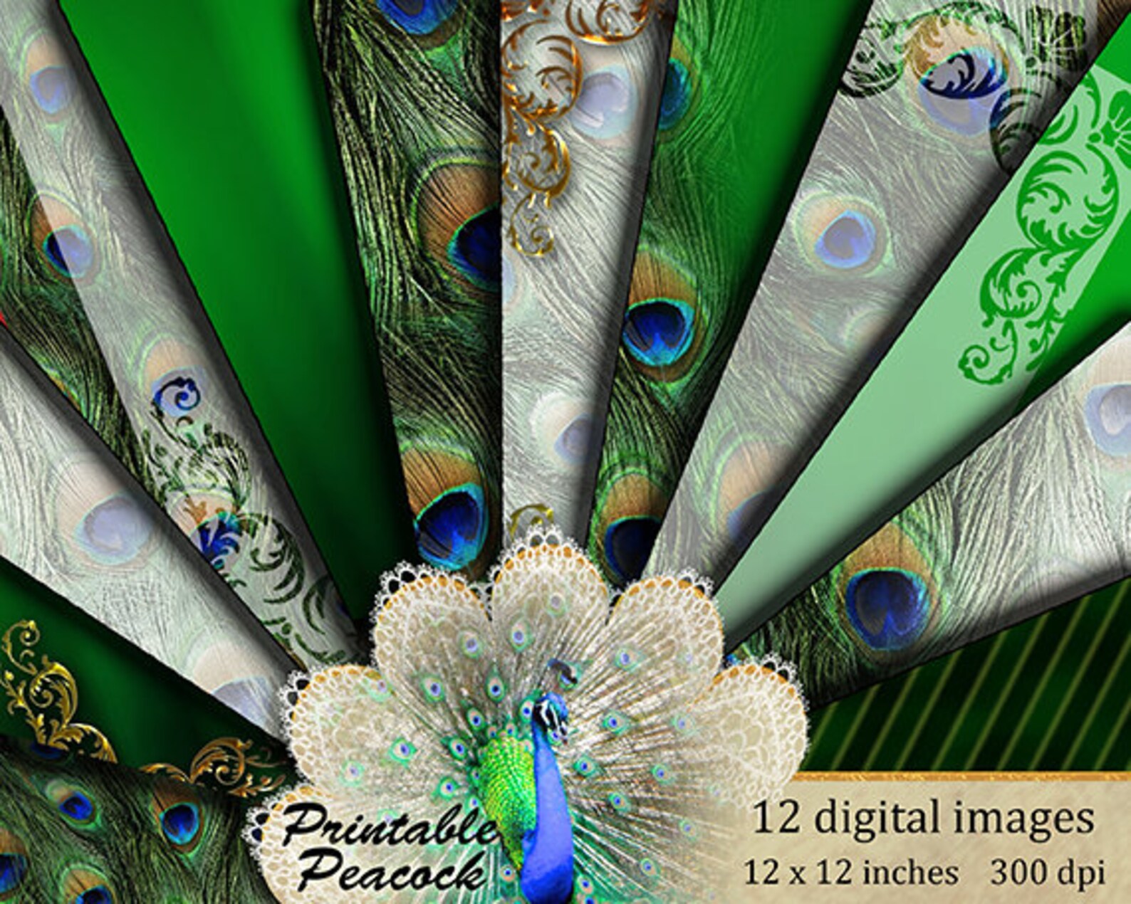 Peacock Green Digital Paper, Peacock Scrapbook Paper, Peacock Printable ...