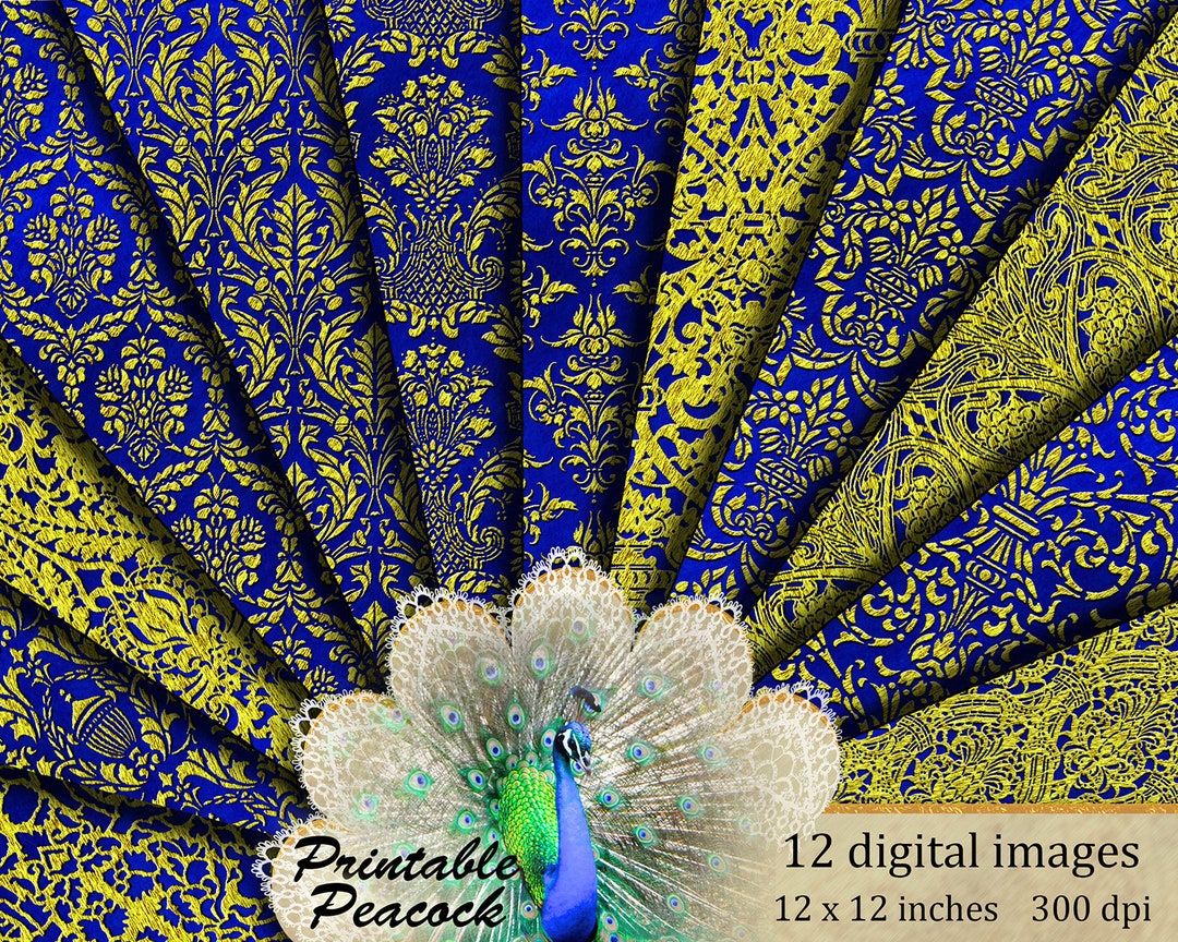 Royal Blue and Gold Damask Digital Paper, Gold Lace Scrapbook Paper ...