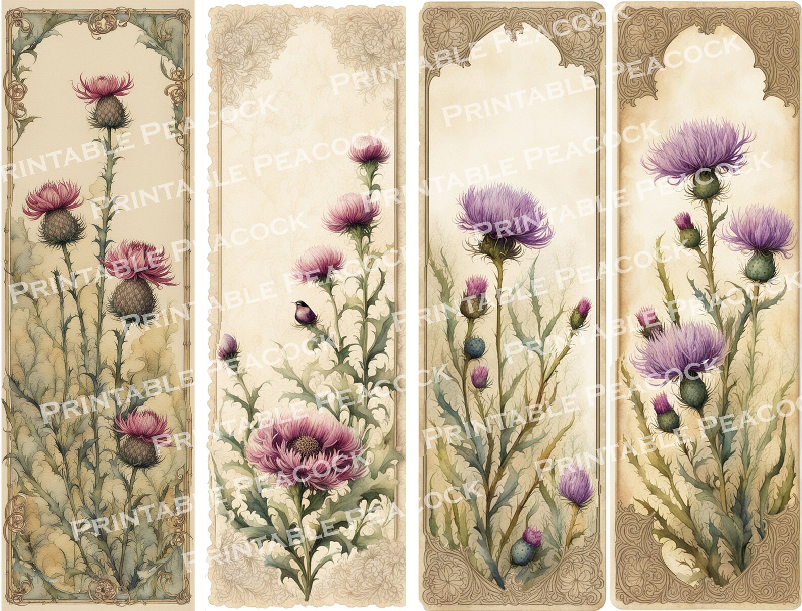Scottish Thistle Bookmarks: Vintage Watercolor Parchment (digital ...