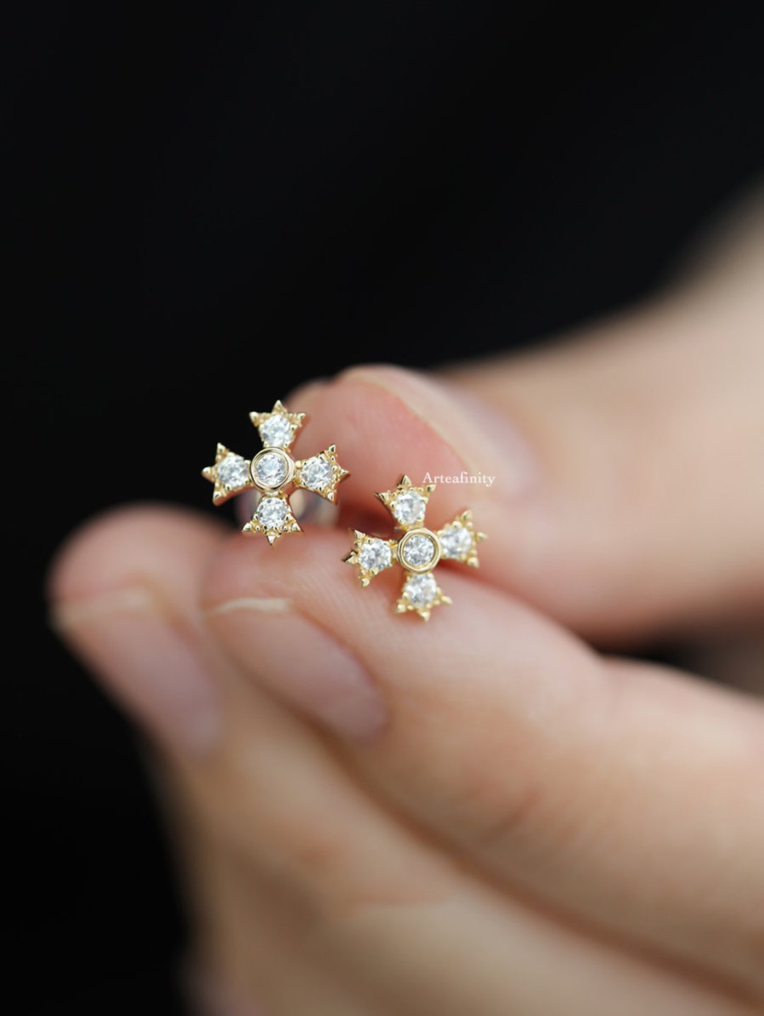 Solid Gold Palace Studs, 9K Solid Gold Earrings, Real Unique Gold ...