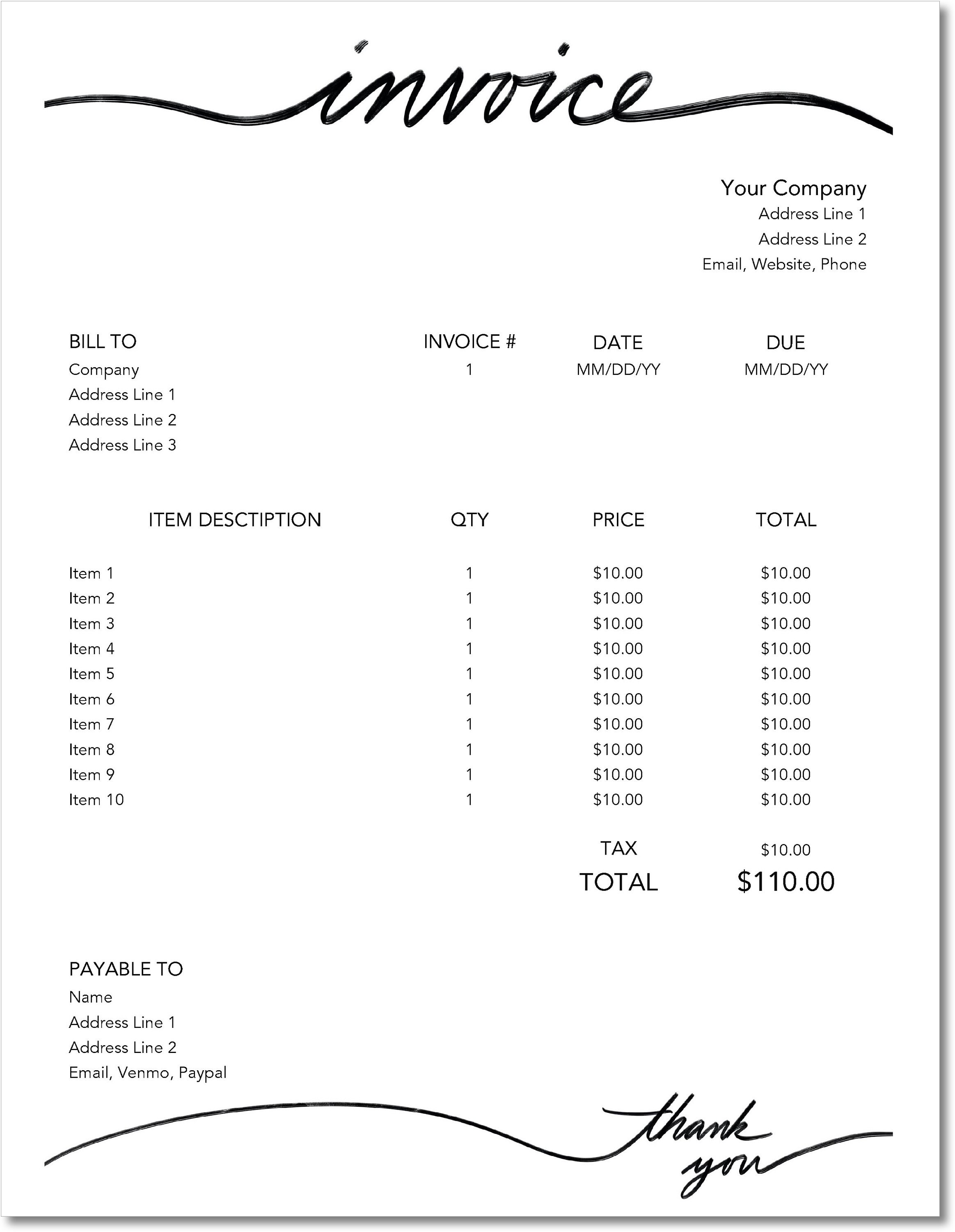 Google Sheets Invoice - Cursive Handwriting - Clean & Modern Design ...