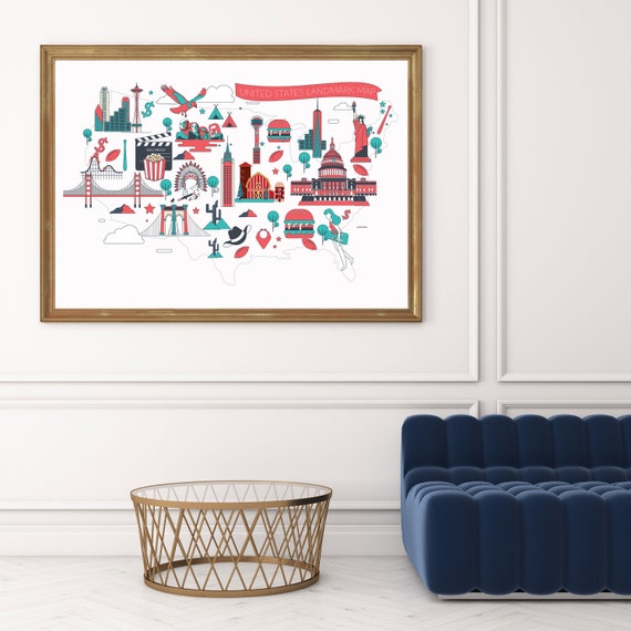 US Landmarks Map Poster Print USA Poster Print Office | Etsy