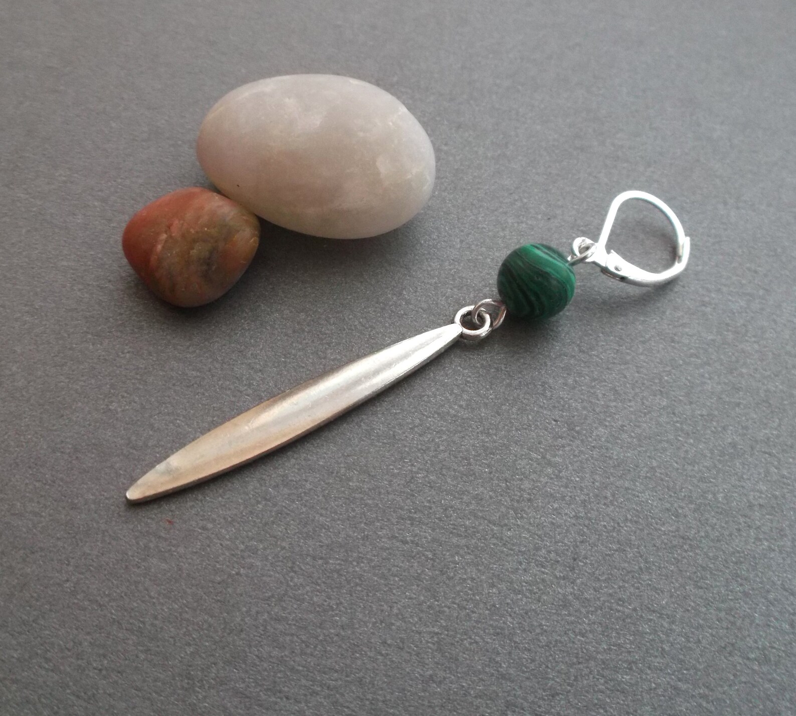 Long Bar Earring With Malachite Dangle Unisex One Silver Stick Earring ...