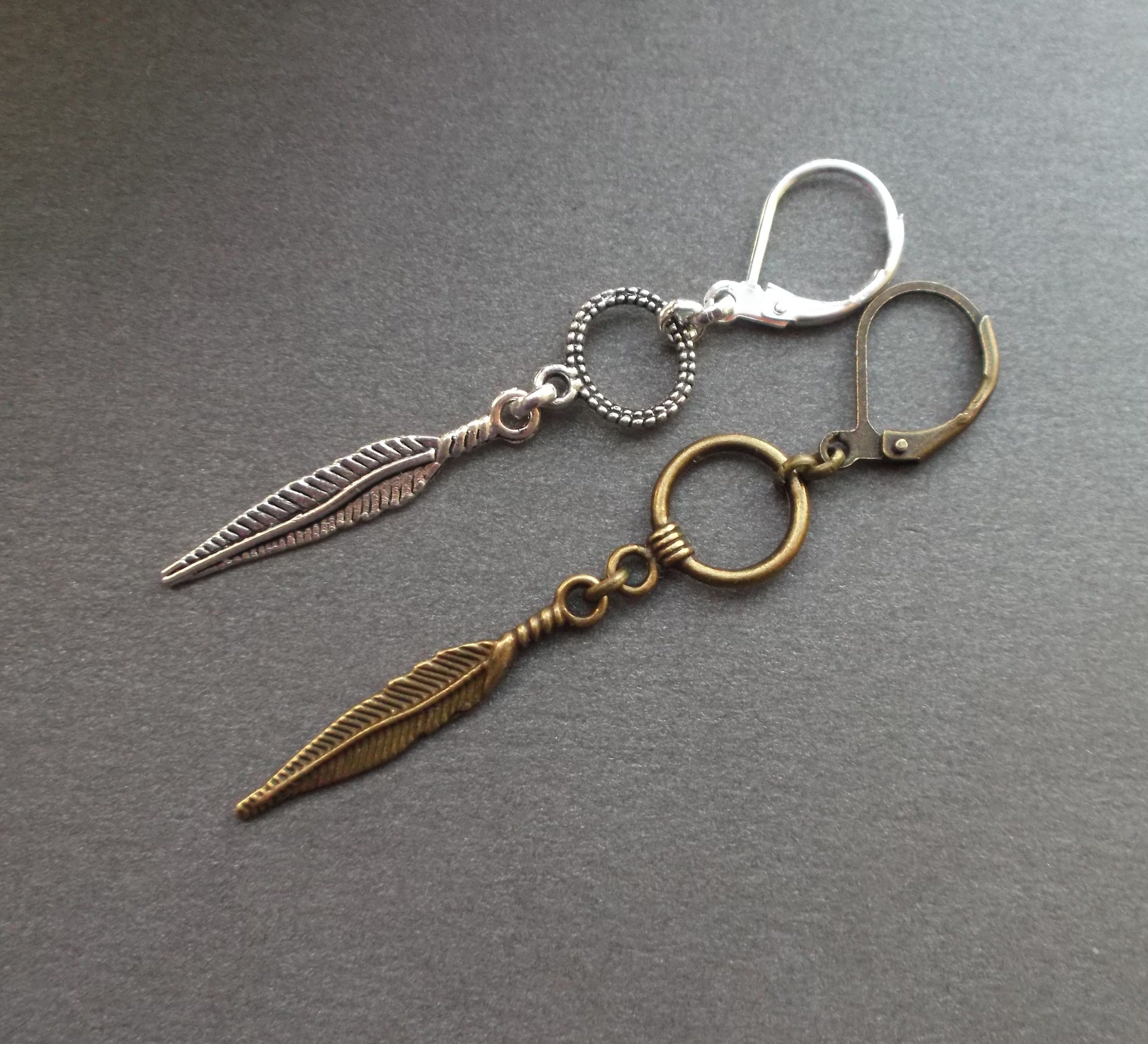 Men Long Earrings a Circle Feather. Dangle Earrings Men. Silver/bronze ...