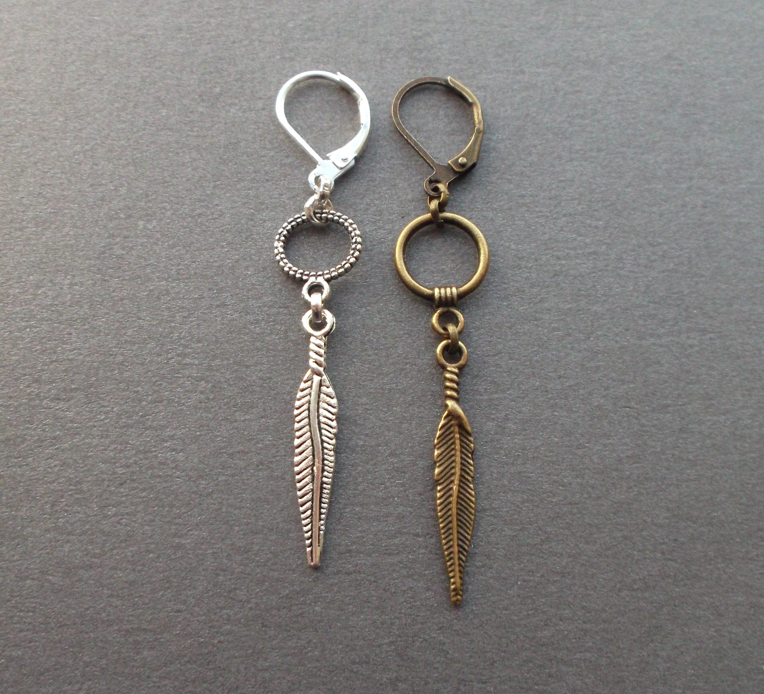 Men Long Earrings a Circle Feather. Dangle Earrings Men. Silver/bronze ...
