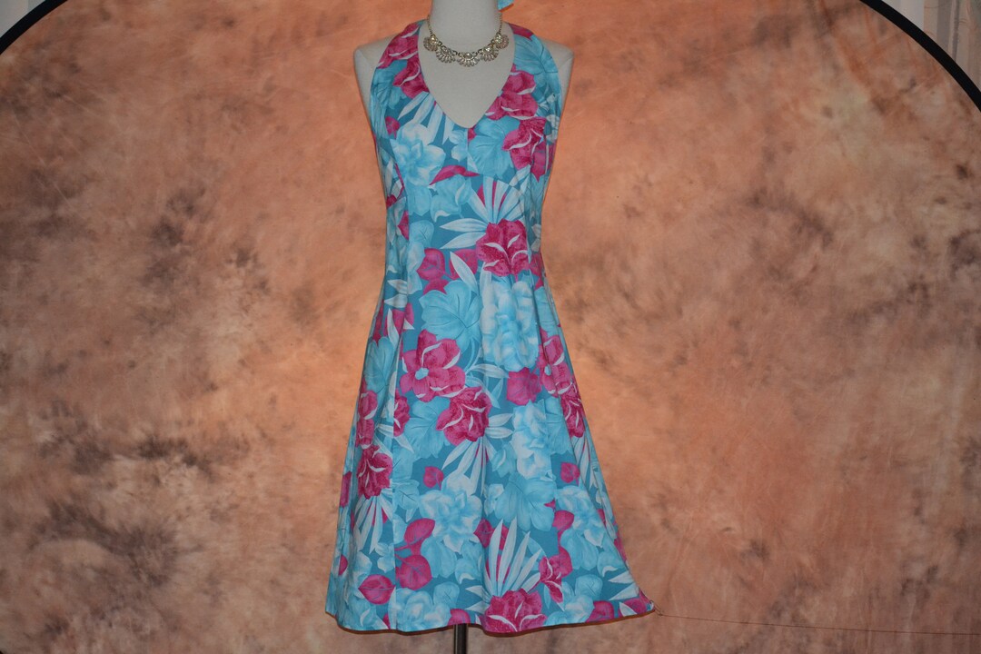 Sundress Halter Top Sun Dress Women's Turquoise & Pink Tropical Floral ...