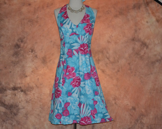 Sundress Halter Top Sun Dress Women's Turquoise & Pink Tropical Floral ...