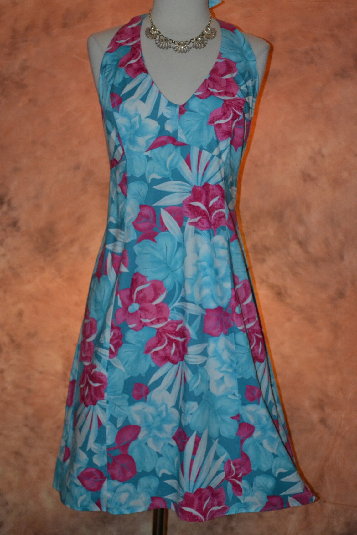 Sundress Halter Top Sun Dress Women's Turquoise & Pink Tropical Floral ...