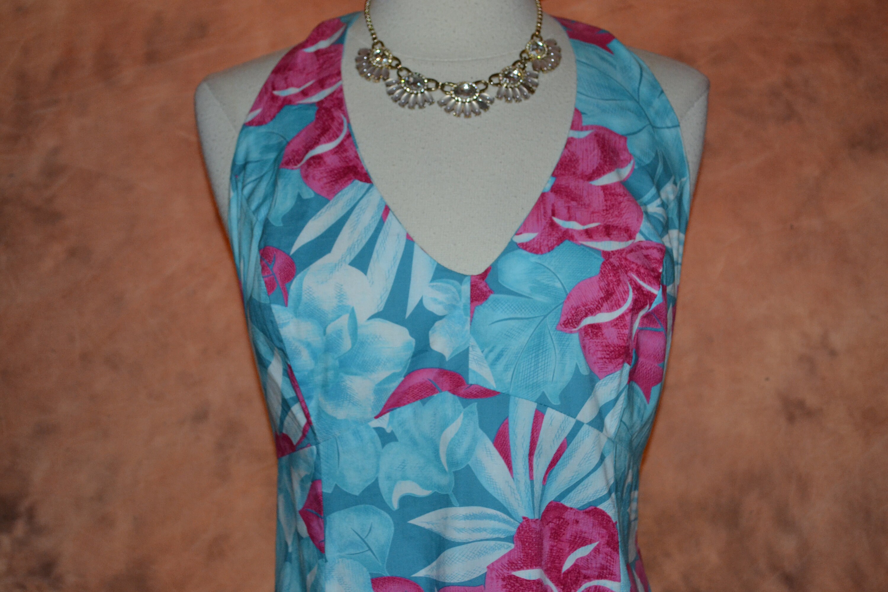 Sundress Halter Top Sun Dress Women's Turquoise & Pink Tropical Floral ...