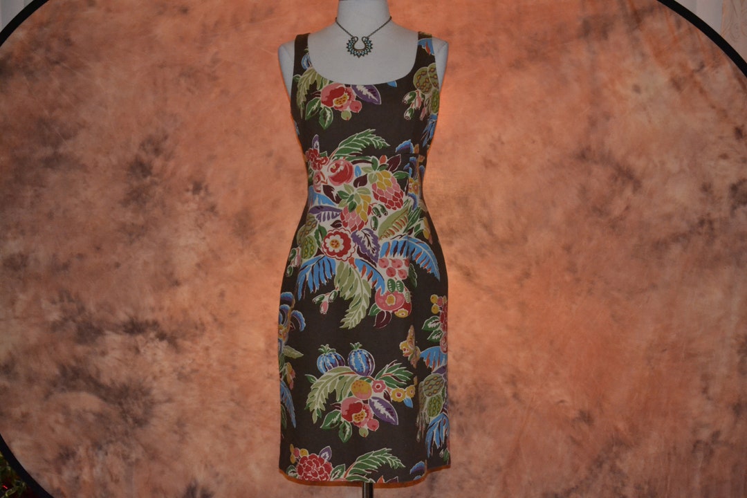 Tropical Barkcloth Vintage Dress Women's Natural Cotton Eco Shift Lined ...