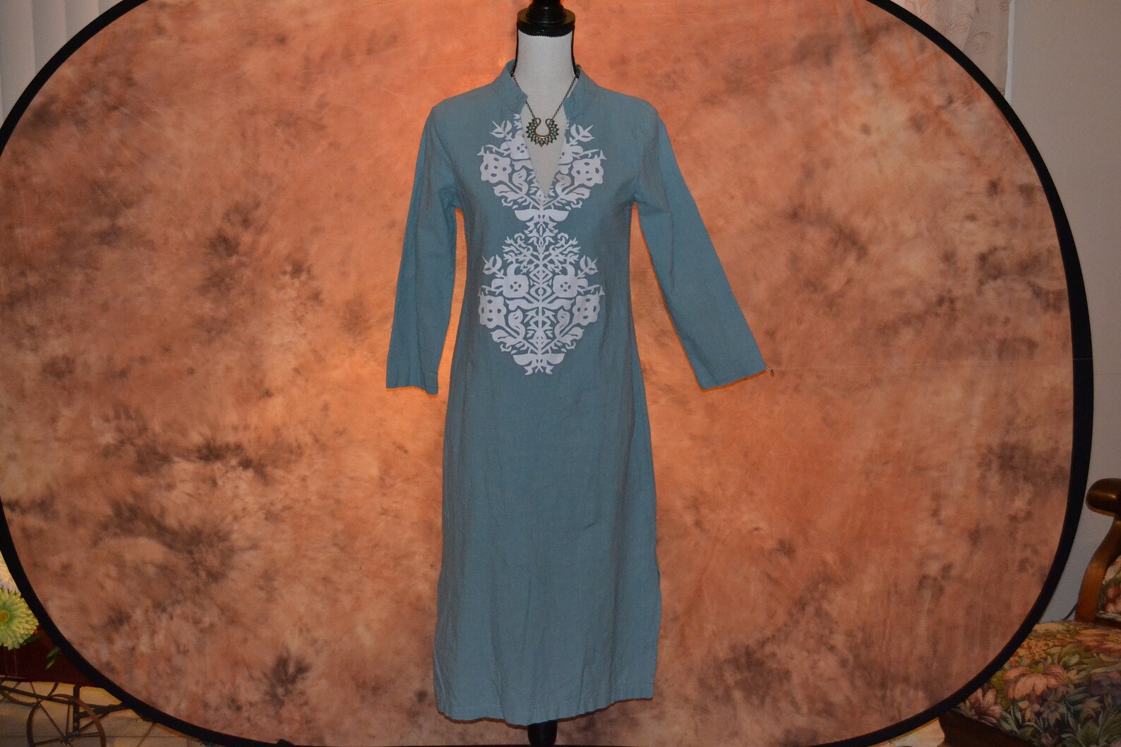 Women's Hippie Dress Wedgewood Blue Barkcloth Midi Dress With White ...