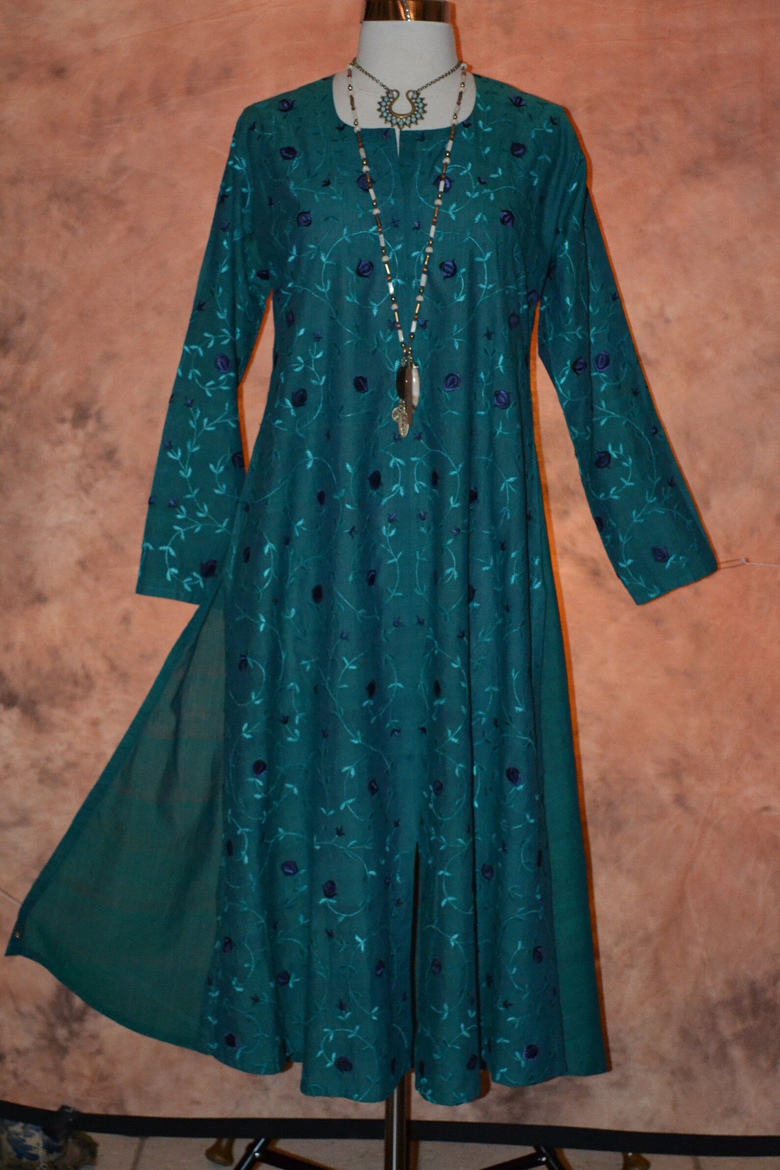Emerald Green Linen Dress Tunic Women's Vintage Embroidered Kirta ...