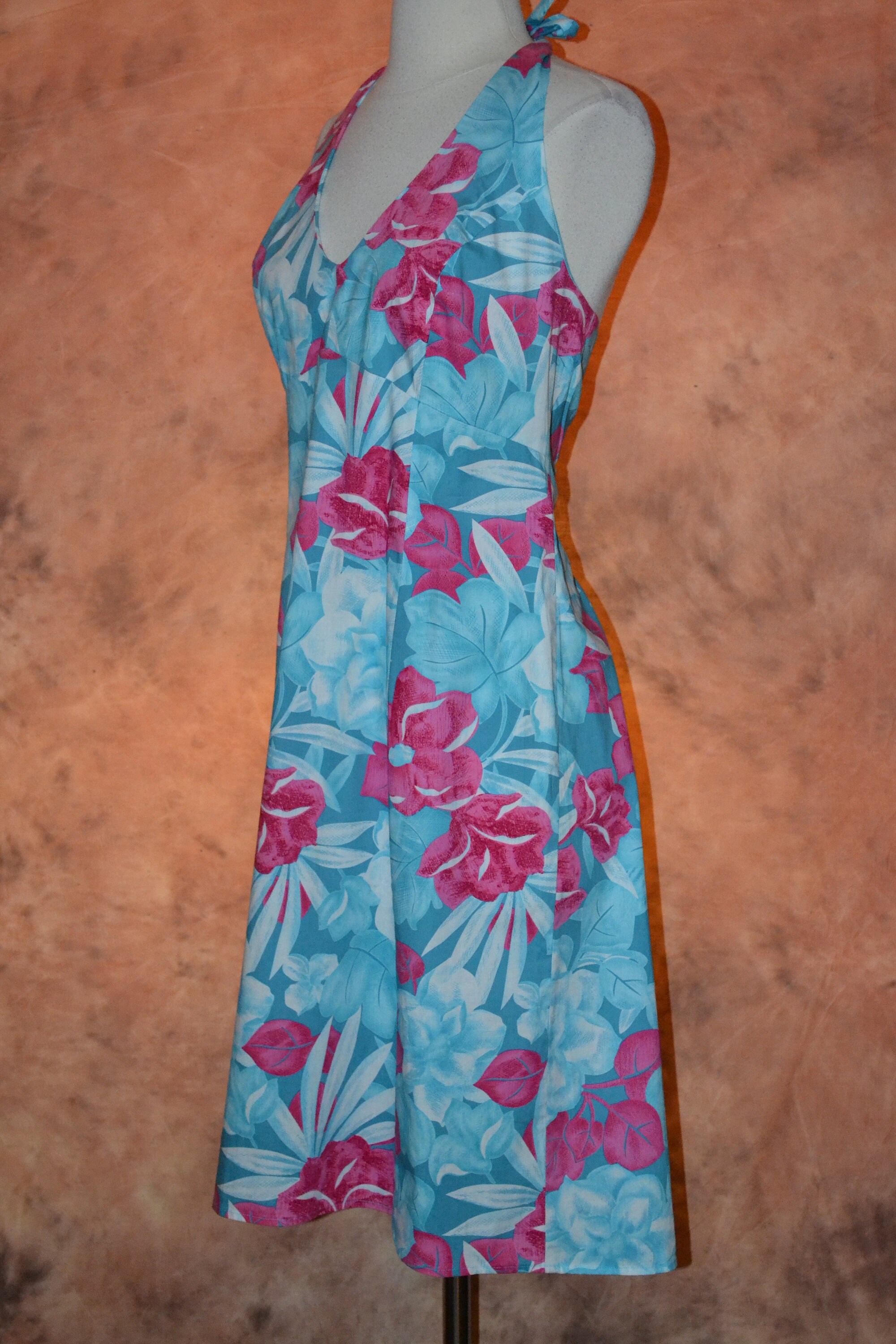 Sundress Halter Top Sun Dress Women's Turquoise & Pink Tropical Floral ...
