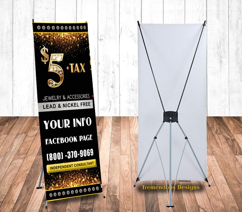 Custom Jewelry X Stand With Vinyl Banner 24"x57" Gold Glitter Jewelry ...