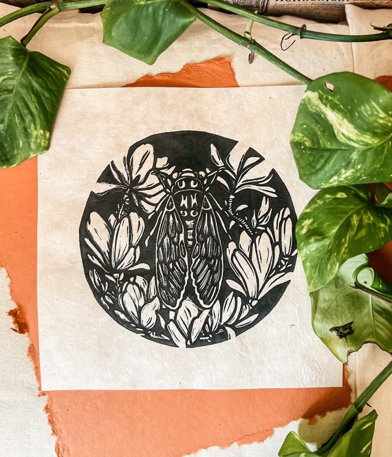 CICADAS & MAGNOLIAS Block Print Linocut Print Virginia - Etsy