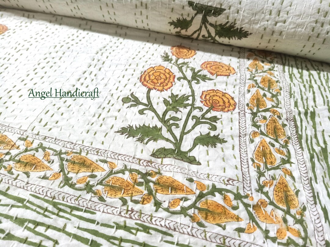 Marigold Flower Block Print Kantha Throw, Indian Handmade Cotton ...