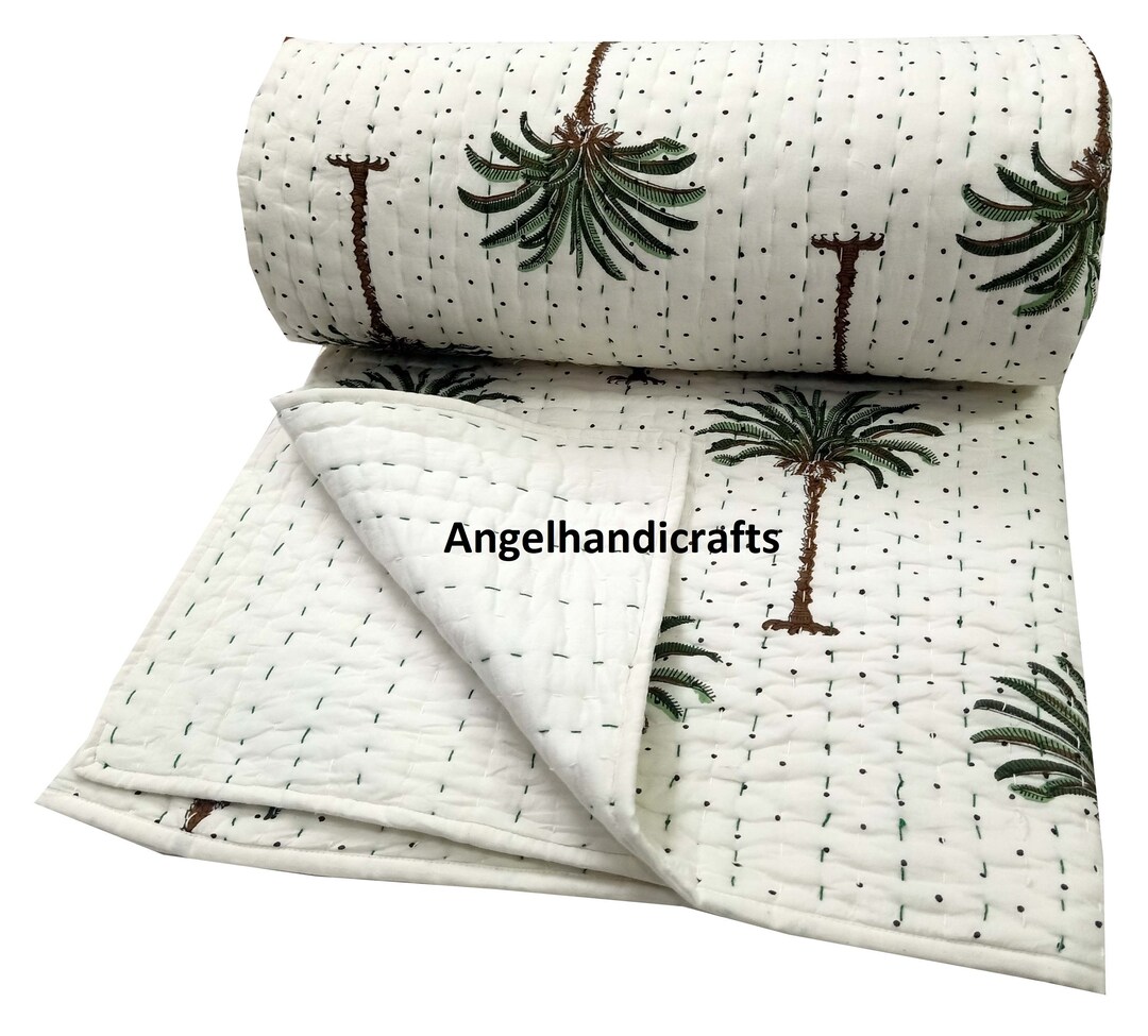 Hand Block Print Palm Tree Kantha Quilt Handmade Bedspread Reversible ...