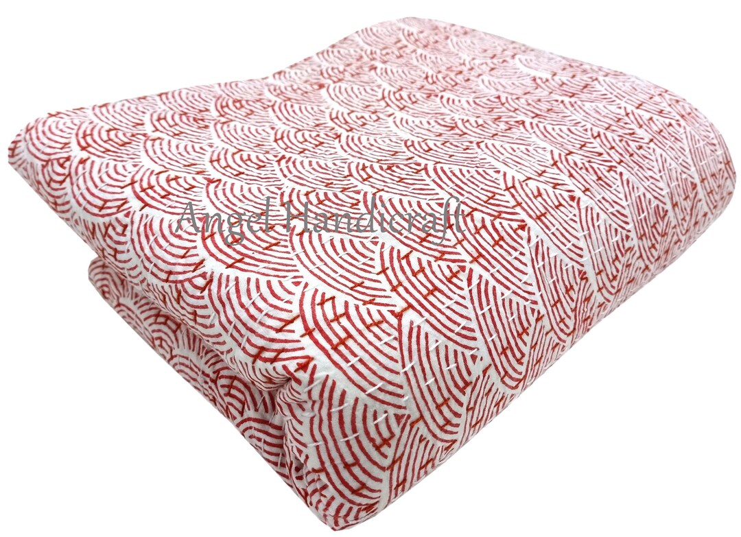 Red Wi-fi Block Print Kantha Throw, Handmade Reversible Cotton ...