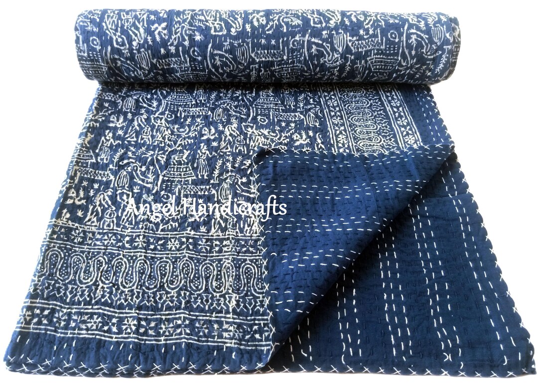 Indigo Kantha Quilt, Indian Hand Block Print Cotton Bedspread, Queen ...