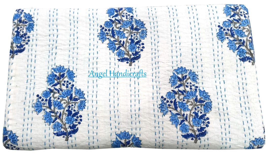 Blue Floral Hand Block Print Bedspread Throw, Indian Handmade Soft ...