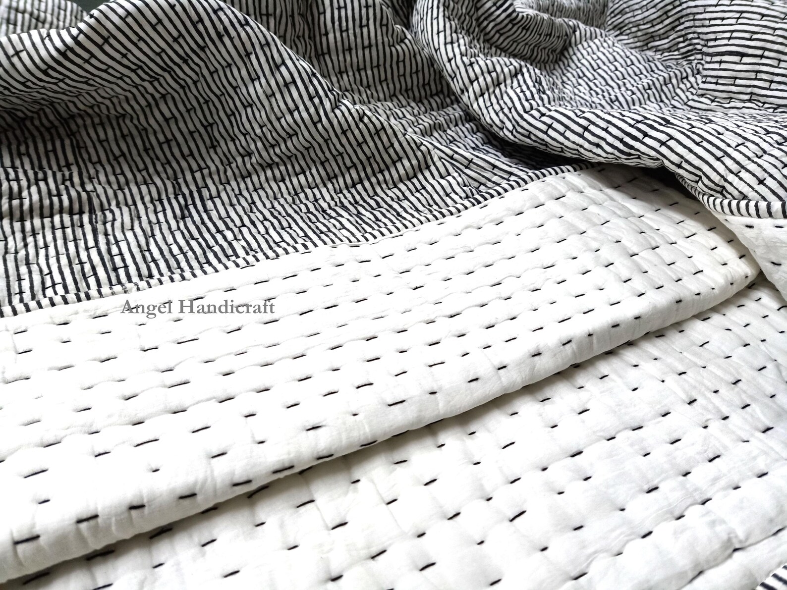 Black Striped Block Print Kantha Quilt, Handmade Reversible Cotton Sofa ...