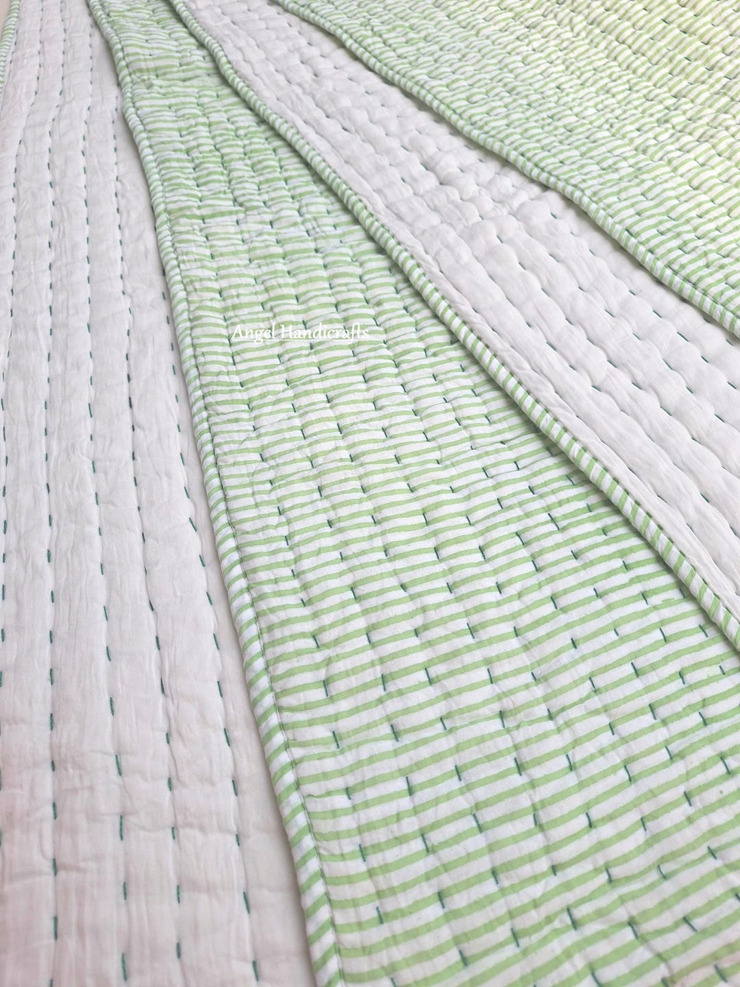 Reversible Handmade Blanket, Light Green Stripe Block Print Cotton ...